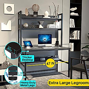 Aquzee Computer Desk with Hutch and Bookshelf, 47 Inches Black Home Office Desk with Space Saving Design, Metal Legs Table Desk with Upper Storage Shelves for Study Writing/Workstation, Easy Assemble
