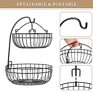 2- Tier Fruit Basket for Kitchen Counter, Homewill Fruit Basket with Banana Hanger, Hanging Wire Fruit Vegetable Basket Bowls Storage for Countertop
