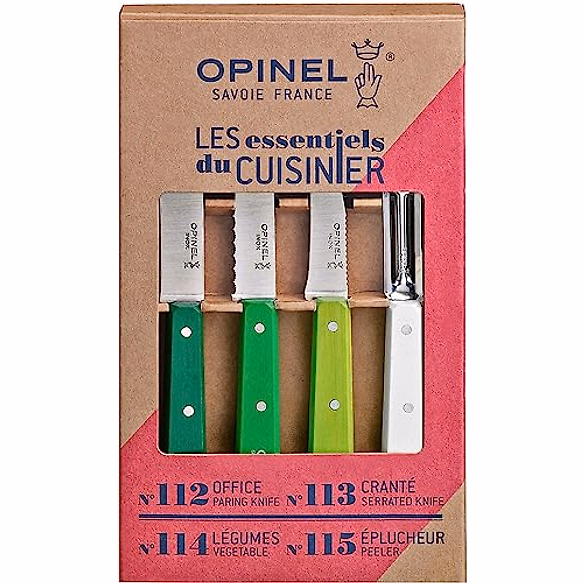 Opinel Les Essentials Small Kitchen 4 Piece Knife Set - Paring Knife, Serrated Knife, Peeler, Vegetable Knife, Corrosion Resistant High Carbon Steel, Made in France (Primavera)
