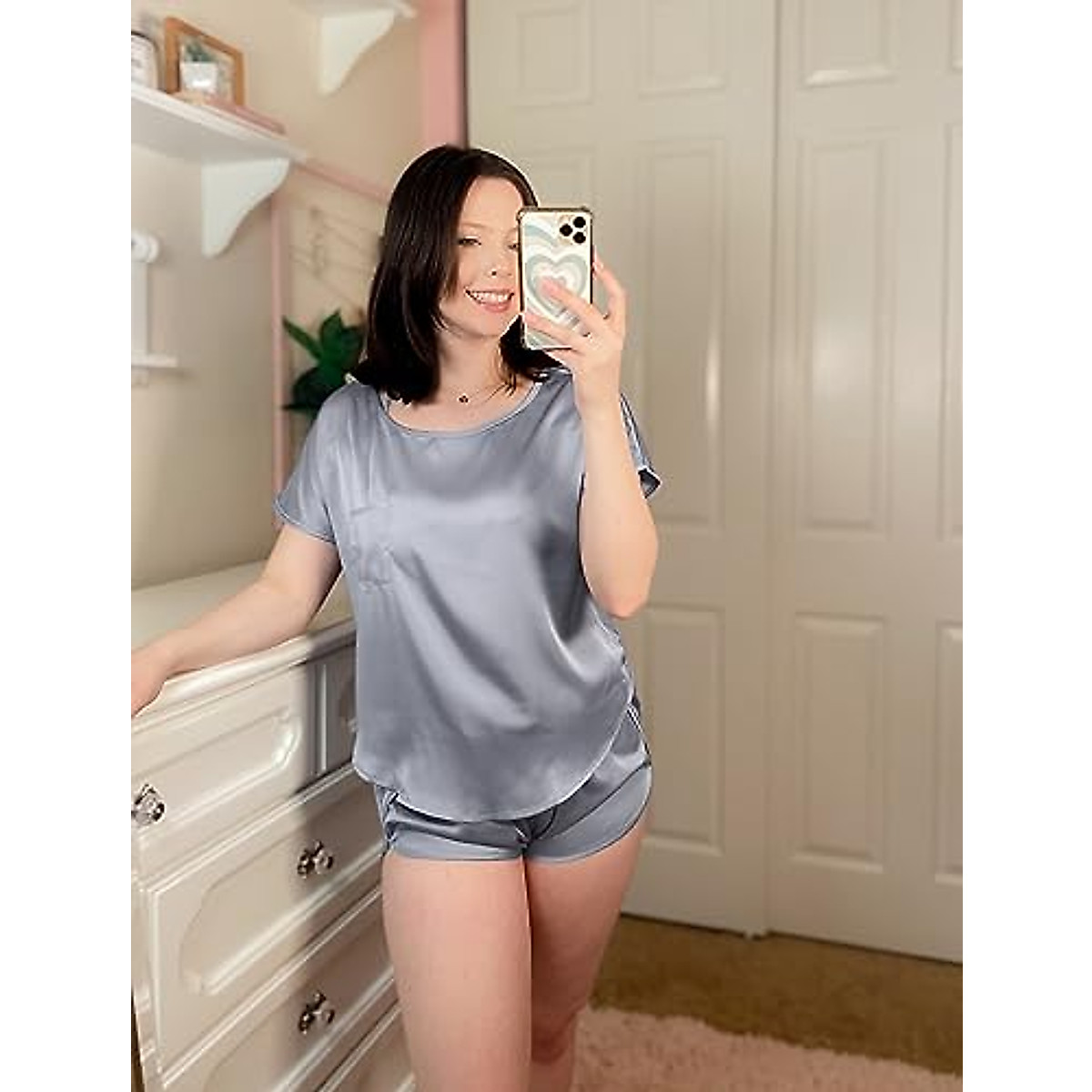 Ekouaer Womens Satin Pajamas Shorts Set Silky Short Sleeve Sleepwear Nightwear Pj Set Grey M