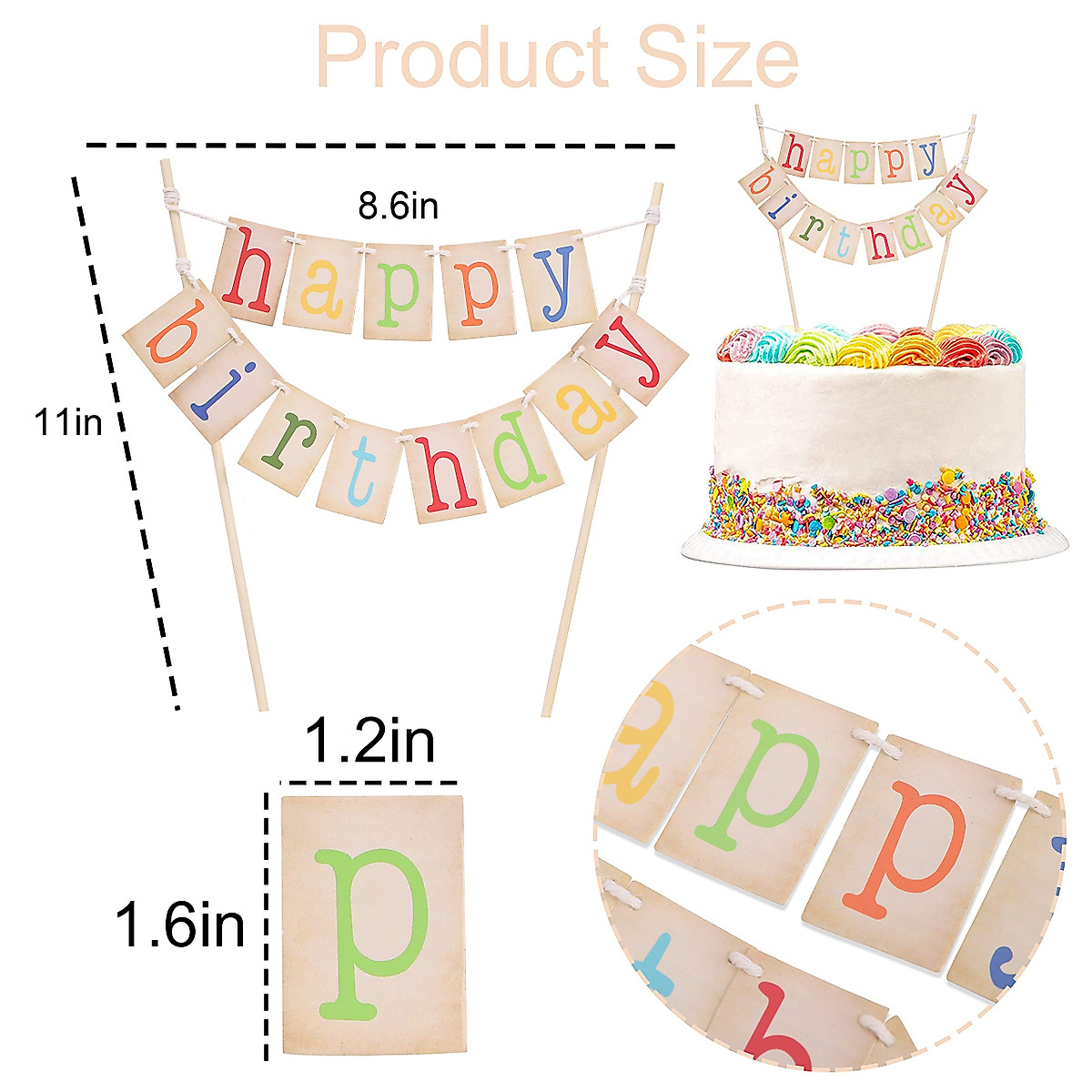 WAWOO Rainbow Happy Birthday Cake Topper - Personalized Birthday Banner, Rainbow 1st Birthday Decorations,Photo Prop, Baby Shower, Best Birthday Party Supplies