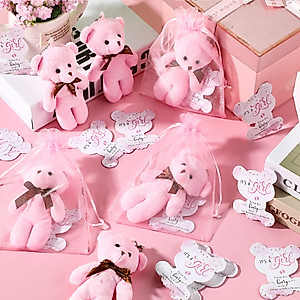 Ceenna 50 Sets Baby Shower Favor Bulk for Guest 50 Tiny Stuffed Bear Toy Plush Bear 50 Thank You Cards and Organza Bag Valentines Day Thank You Tag for Gender Reveal Guest Gifts(Pink)