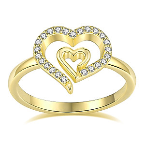 Gold Double Heart Ring for Women Delicate 14K Gold Plated Heart in Heart Wedding Jewelry Promise Love Ring for Her Gift (Gold, 7)