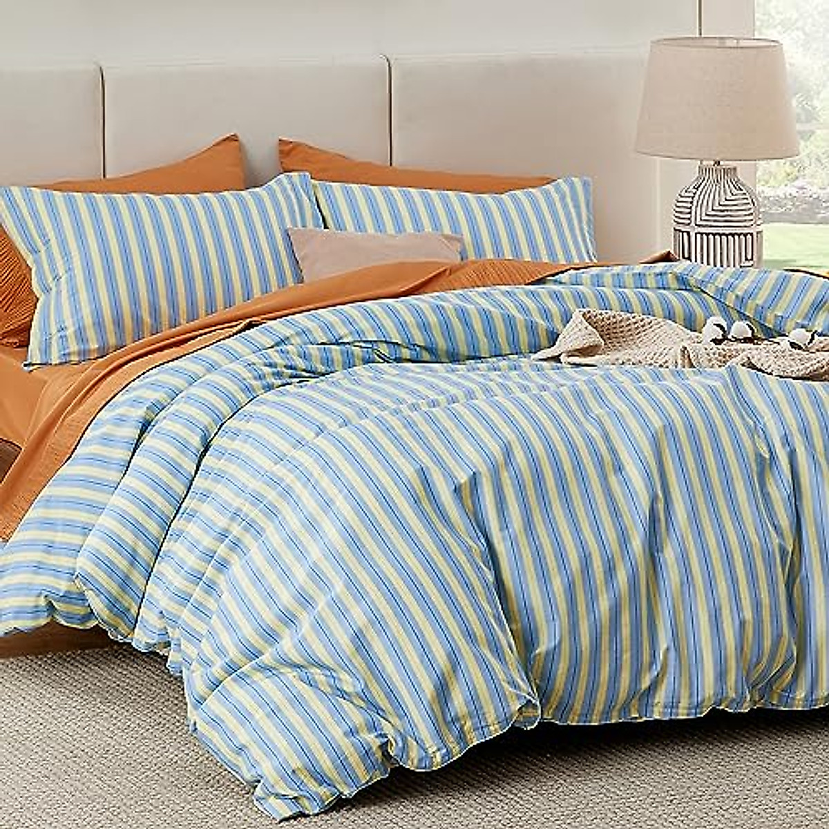 Bedsure Duvet Cover Queen Size - 100% Cotton Reversible Morandi Color Striped Cover Set with Zipper, Soft & Breathable Bedding Set, (3 Pieces, 1 Duvet Cover 90"x90" and 2 Pillow Shams 20"x26")