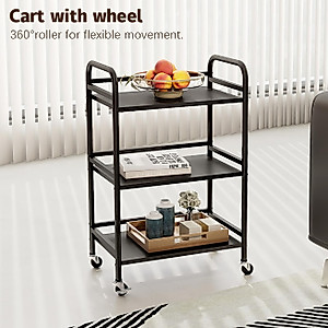 HDANI 3 Tier Rolling Cart Shelves,Heavy Duty Multifunctional Metal Frame-Supports 40 Lbs Per Tier,Rolling Cart with 2 Lockable Wheels for Home,Office,Kitchen,Bathroom,Bedroom (Black)