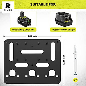 Riuog Battery Holder for Ryobi,Black Metal Wall Mount Bracket for Ryobi 18V Battery and Ryobi P118B Charger,3 Battery Holder and 2 Charger Holder for Tool Room and Garage