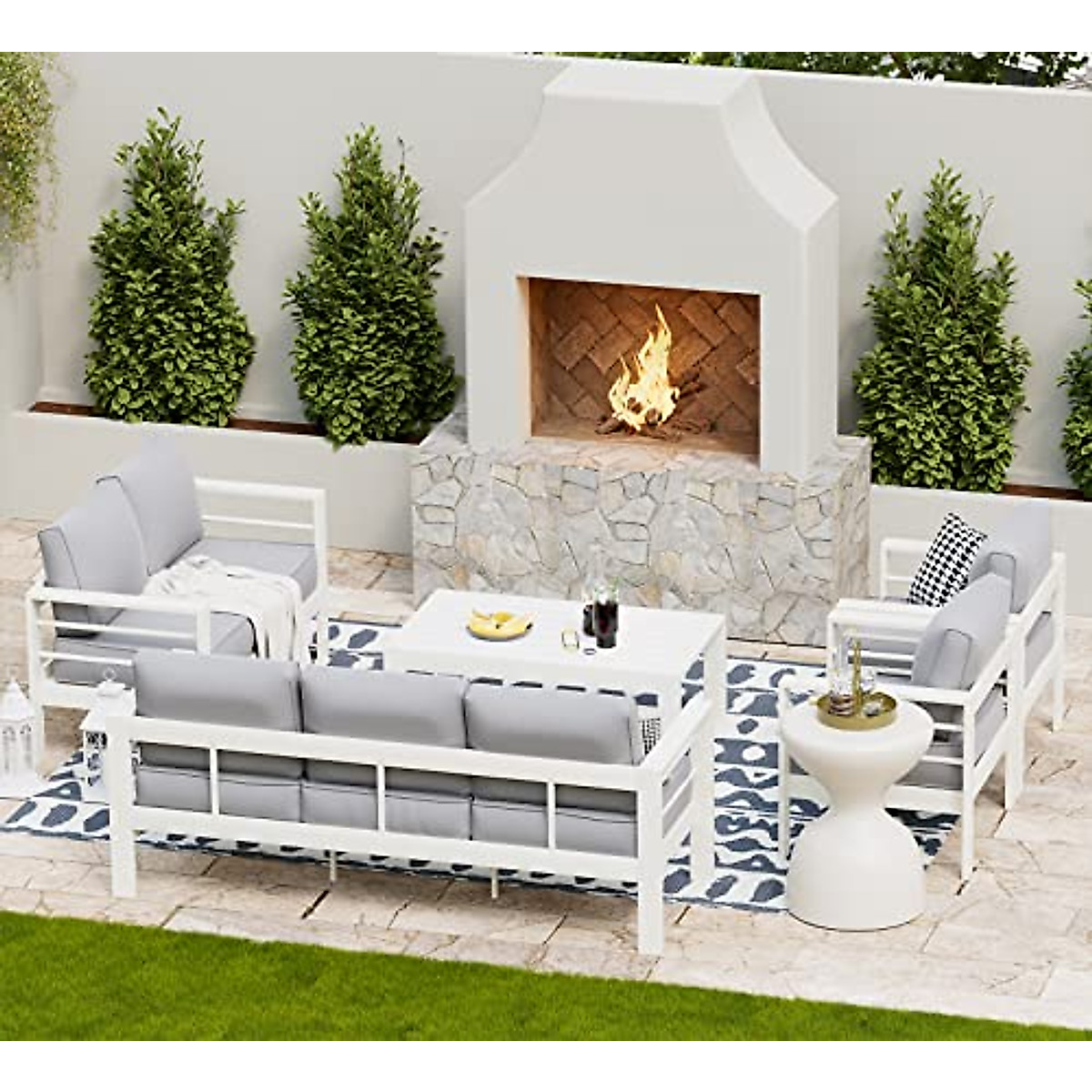 UDPATIO Oversized Aluminum Patio Furniture Set, Modern Metal Outdoor Patio Conversation Sets, Patio Sectional Sofa w/ 5 Inch Cushion Coffee Table for Poolside, Deck, White (Include 4 Sofa Covers)