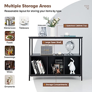 Giantex Buffet Sideboard, Wooden Cupboard, Kitchen Pantry w/Spacious Countertop, Large Open Shelf, 3 Cube Storage Cabinet, Sturdy Rustproof Steel Frame, Modern Stationary Island, Black