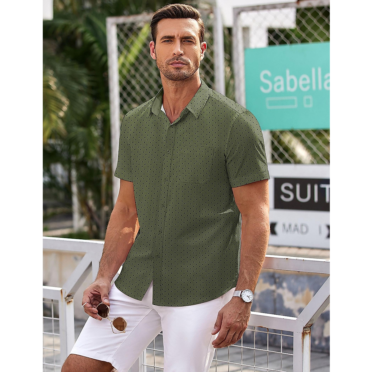 COOFANDY Mens Polka Dot Printed Shirt Short Sleeve Buton Down Casual Summer Party Dress Shirt Army Green