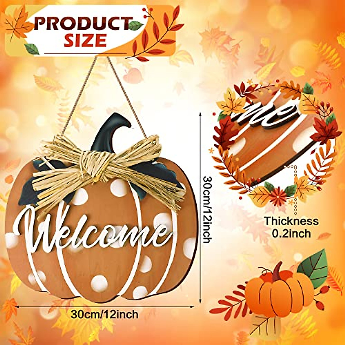 Shellwei Fall Pumpkin Welcome Sign for Front Door Wood Pumpkin Hanging Decor Thanksgiving Wooden Hanger Decorations for Autumn Harvest Farmhouse Home Decor