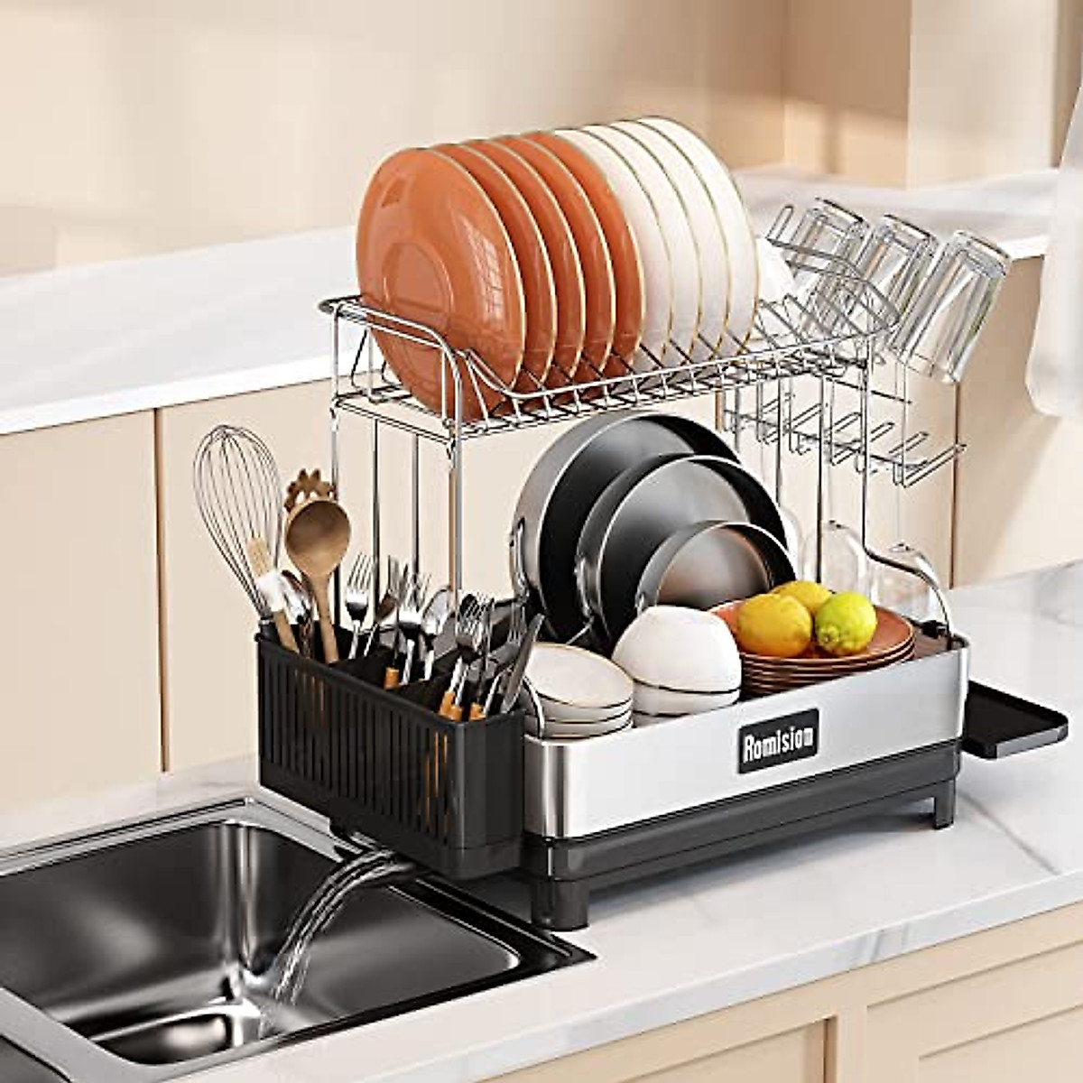 romision Dish Rack and Drainboard Set, 304 Stainless Steel 2 Tier Large Dish Drying Rack with Swivel Spout, Dish Strainer for Kitchen Counter with Utensil Holder, Cup Rack, Water Tray