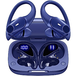 GOLREX Bluetooth Headphones Wireless Earbuds 36Hrs Playtime Wireless Charging Case Digital LED Display Over-Ear Earphones with Earhook Waterproof Headset with Mic for Sport Running Workout Blue