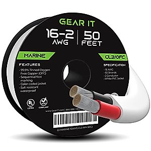 GearIT 16/2 Marine Wire (50 Feet) 16AWG Gauge - Tinned OFC Copper/Marine Grade Speaker Cable/Duplex / 2 Conductors - OFC Oxygen-Free Copper, White 50ft