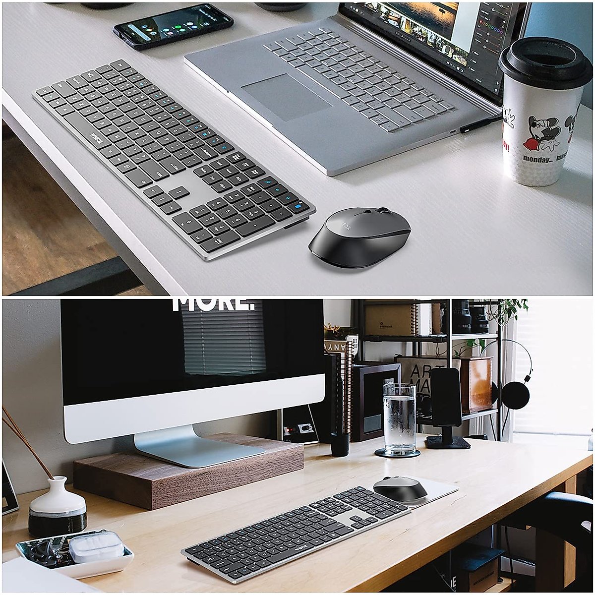 Wireless Keyboard and Mouse Combo, WisFox 2.4G Full-Size Slim Thin Wireless Keyboard Mouse for Windows, Computer, Desktop, PC, Laptop Mac (Silver and Gray)