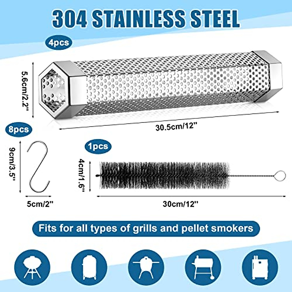4 Pcs Pellet Smoker Tube 12 Inch Stainless Steel BBQ Wood Pellet Tube for Smoking with Cleaning Brush and 8 S Shape Hooks for Hours of Billowing Cold Hot Smoking for All Grills or Smokers