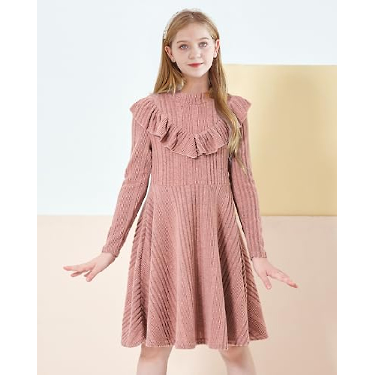 YOURUIKEY Girls Winter Dress Half High Neck Long Sleeve Girl Beige Pink Dresses Teen Girl Clothes Size 7 8 Ruffle Fall Outfit