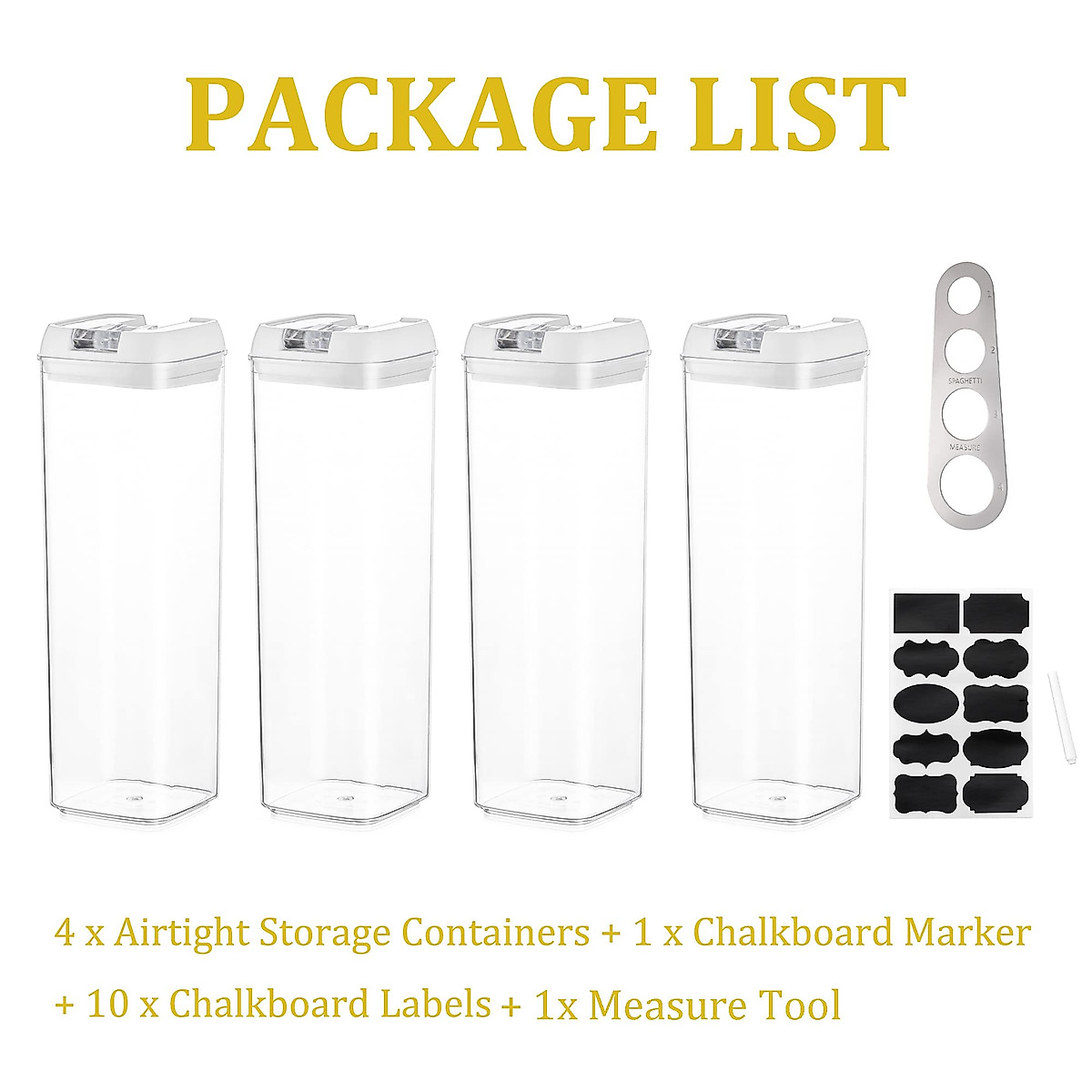 Hanobe Pasta Storage Containers for Pantry: Large Spaghetti Noodle Canister 4 Pcs White Kitchen Cabinet Organization with Easy Lock Lids Plastic BPA Free with Labels Marker