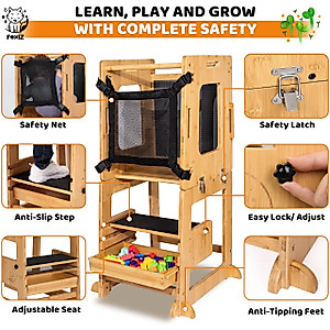 Convertible Toddler Tower and Table with Storage, Bamboo 4-in-1 Collapsible Toddler Tower, Weaning Table and Tower, Toddler Step Stool Foldable Learning Tower for Toddlers 1-3, Toddler Tower and Desk