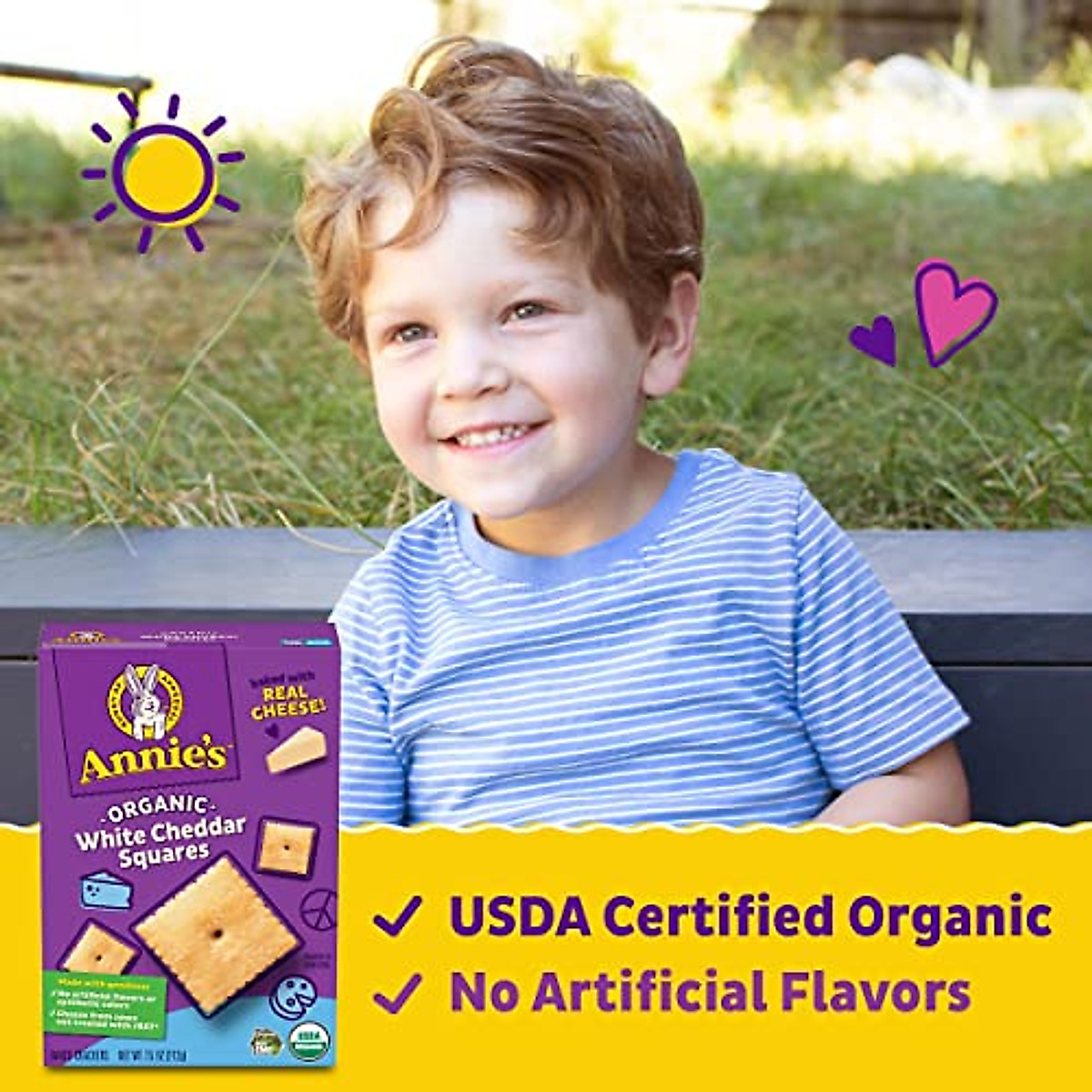 Annie's Organic White Cheddar Squares Baked Snack Crackers, Baked with Real Cheese, 7.5 oz.