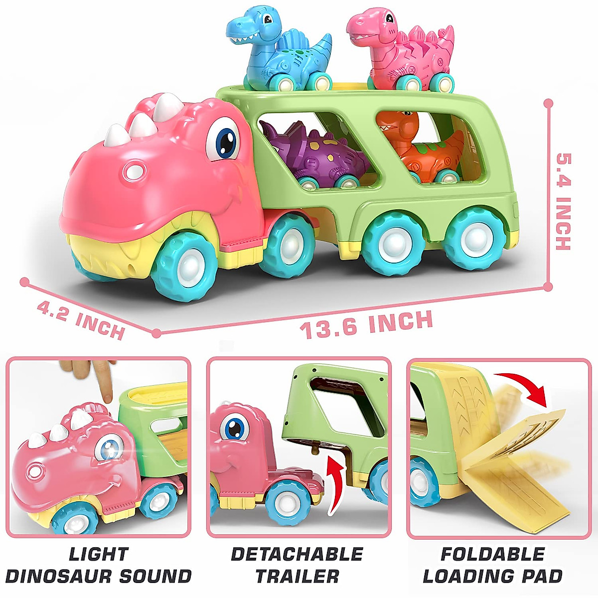 Dinosaur Car Toy for Toddler Girl, Dino Carrier Truck with 4 Mini Cartoon Pull Back Cars with Realistic Lights and Sounds, Pink Girls Toys for Kid Child Baby Age 3 Years Old Birthday Party Gift