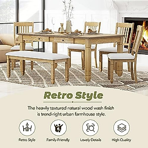 72'L Rectangular Dining Table Set for 6, Wooden Kitchen Table Set with 4 Drawers, 4 Upholstered Chairs & 1 Bench 6-Piece Retro Dining Room Table Set Kitchen Furniture Set for Family, Natural Wood Wash