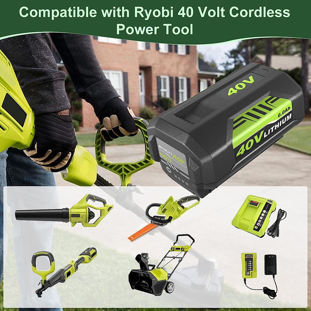 2 Pack 6.0Ah 40 Volt Replacement for Ryobi 40V Battery and Charger Kit Compatible with Ryobi 40 Volt Battery Lithium OP4040 OP40401 OP4026 OP40261 OP4050 OP40201 OP40601 (Green)