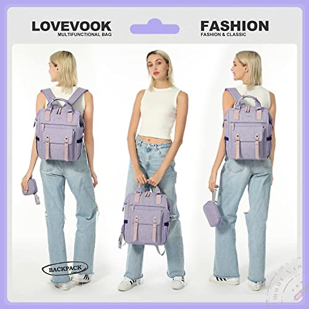 LOVEVOOK Laptop Backpack Purse for Women Work Travel Backpack Teacher Business Commuter Computer Bag Doctor Nurse Bags College Backpack Laptop Bag, Stylish Daypack, 15.6 Inch, Purple