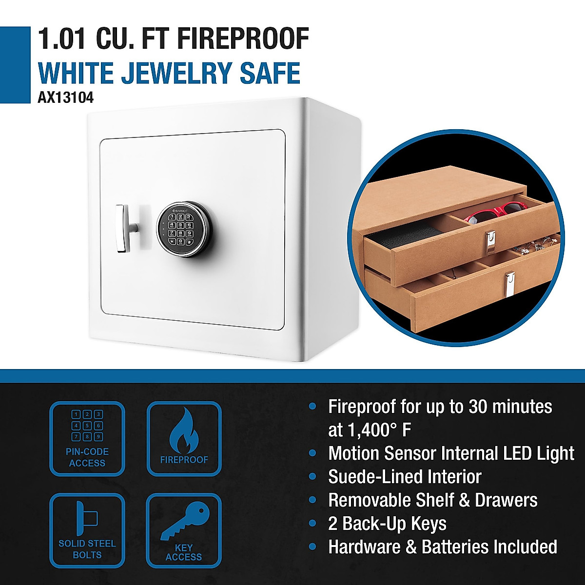 BARSKA Digital Keypad Fireproof Security Jewelry Safe with Suede Lined Drawer, Glass Shelf, Motion Sensor LED - White - 1.01 Cu Ft