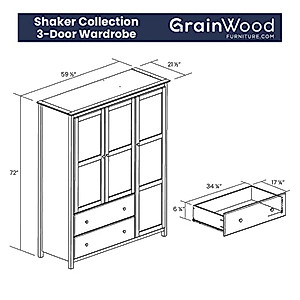 Grain Wood Furniture Shaker 3-Door Wardrobe, Cherry