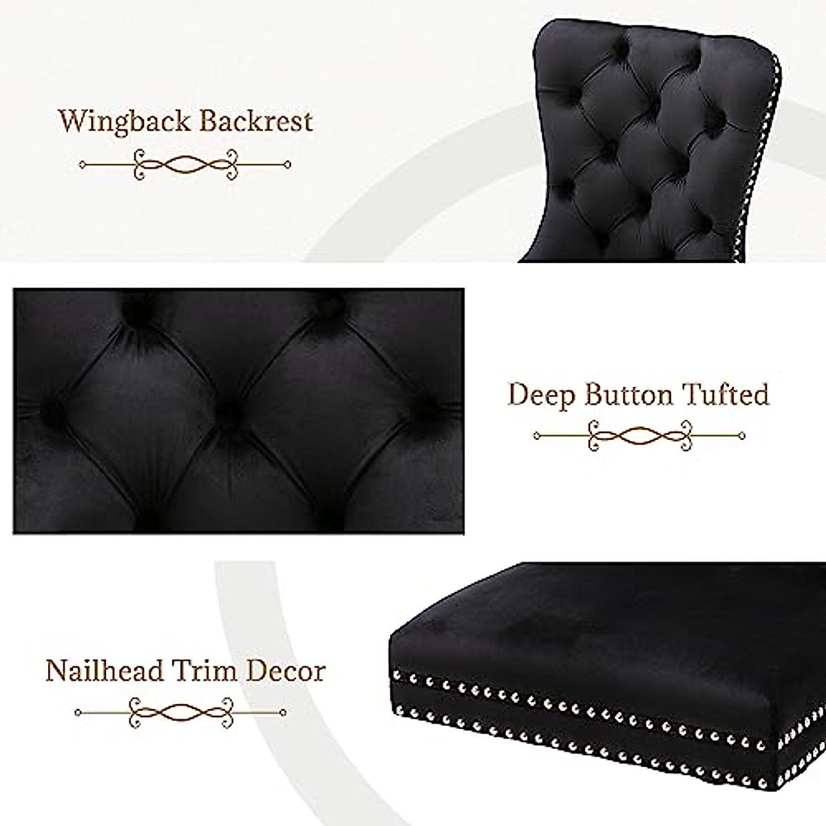 civama Dining Chairs Set of 2, Velvet Nikki Collection Dining Room Chair Upholstered Modern Luxury Tufted with Nailhead Trim Back Pull Ring Solid Wooden Legs, Black