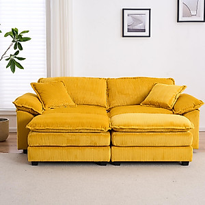 Corduroy Sectional Couch, 84“ Width Oversize Loveseat Sofa, Comfy Plush Cloud Couch Lounge Chair with Ottomans and 2 Pillows for Small Spaces, Living Room, Bedroom, Office Easy to Install (Yellow)