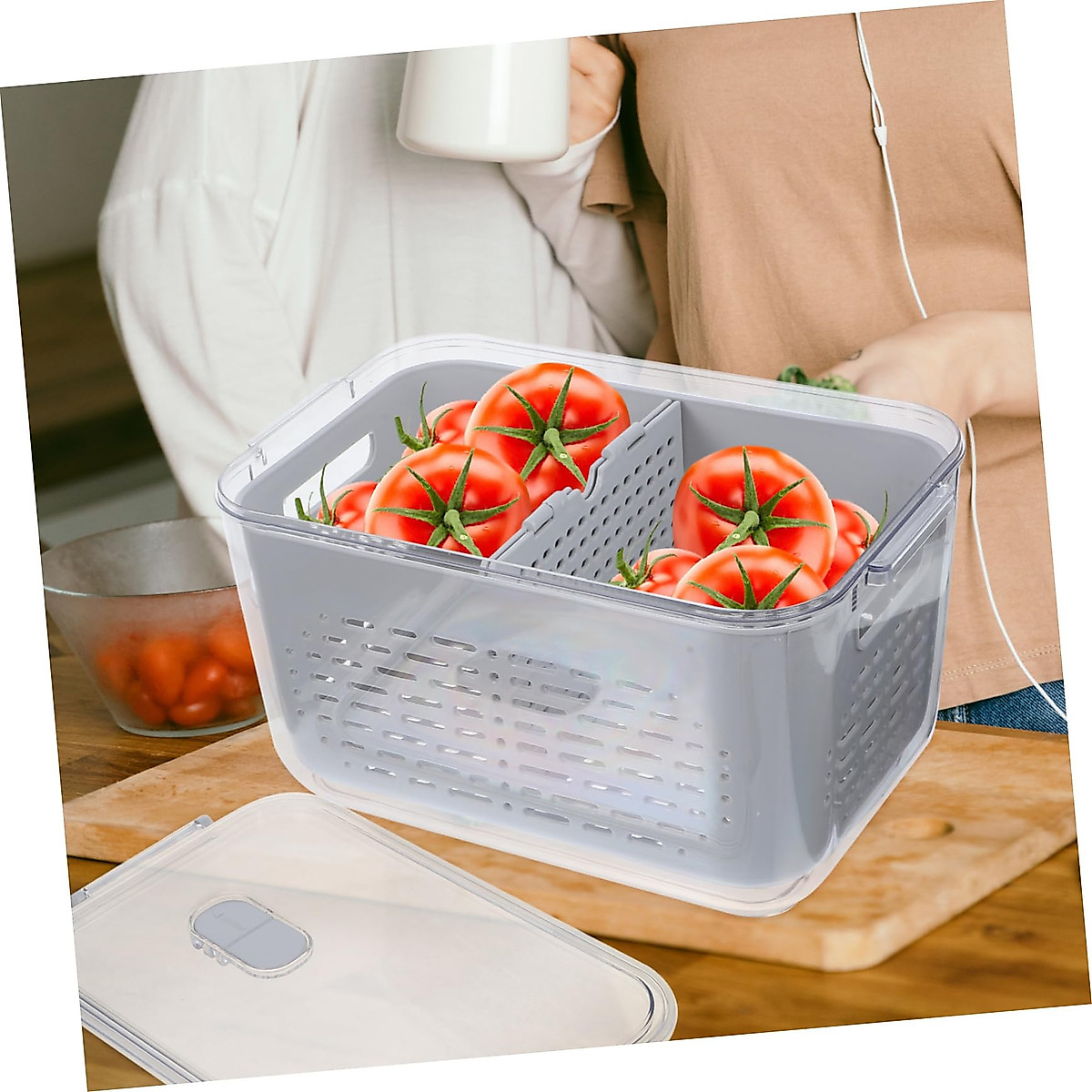 UPKOCH Drained Vegetable Basket Glass Container with Lid Fruit Containers with Lids Glass Fruit Vegetable Strainer Container Fruit Washing Basket Food Storage Bin Produce Keeper Pp Grey