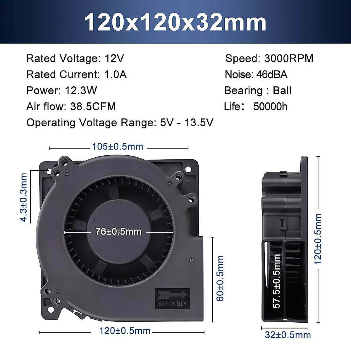 Wathai 120mm x 32mm Brushless Cooling Blower Fan 12V DC Dual Ball Centrifugal Fan High Airflow