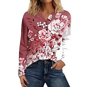 Fall Outfits for Women Boho Shirt Women Womens Tops Dressy Casual Boho Print Sweatshirt Floral Fall Long Sleeve Sweatshirt Women Plus Size Womens Halloween Costumes（1-Wine,Medium）