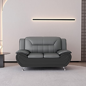 Container Furniture Direct Modern Style Faux Leather Loveseat with Extra Comfortable Pillow Top Armrests Ideal for Living Room, Bedroom or Home Office Couch, 61.3’’ Wide, Grey/Black