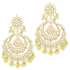 Aheli Bollywood Ethnic Chandbali Style Big Earrings Maang Tikka Set Indian Traditional Bollywood Fashion Jewelry for Women (Yellow)