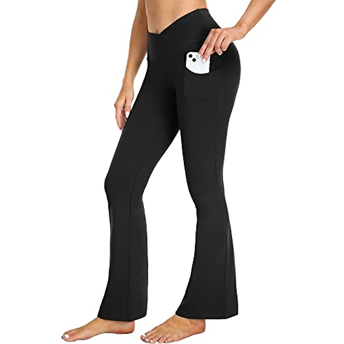 Women's V Crossover Flare Leggings with Pockets,Bootcut High Waisted Yoga Pants Tummy Control Workout Leggings,Black,M