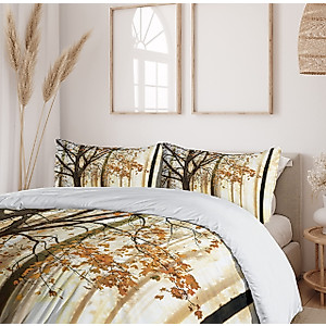 Ambesonne Autumn Duvet Cover Set, Picture of a Lonely Tree Leaves on an Abstract Woodland Background Print, Decorative 3 Piece Bedding Set with 2 Pillow Shams, Queen Size, Orange Brown