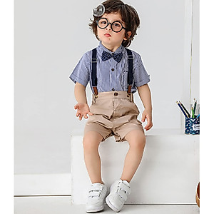Baby Boys Gentleman Outfits Suits, Infant Blue Shirt+Bib Shorts+Tie+Suspenders Clothing Set,3-6M