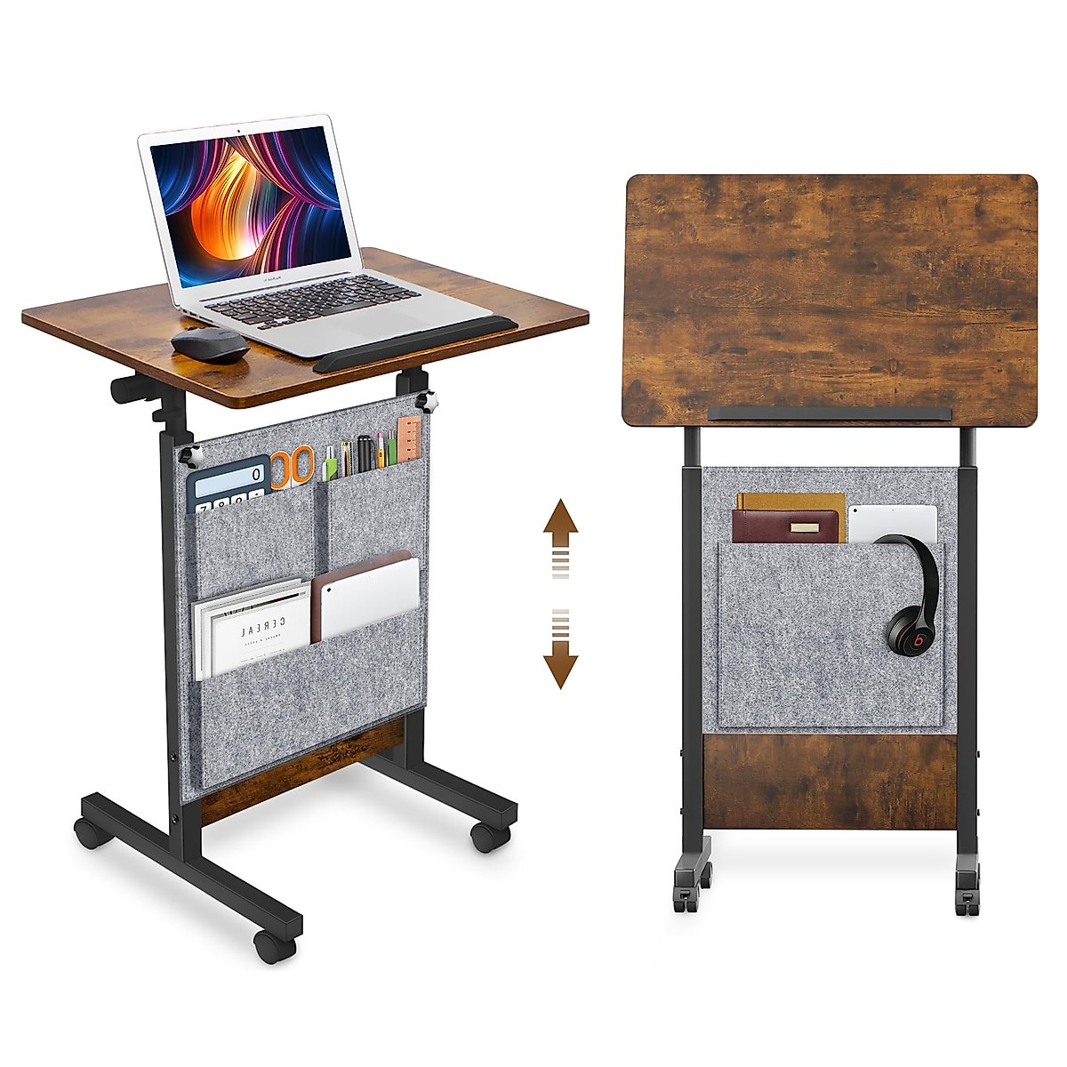 KOUPA Height Adjustable Standing Desk with Storage Bag 16 x 24 in, Portable Rolling Mobile Stand Up Table with Wheels, 360° Flip Laptop Computer Desk for Home Office, Rustic Brown
