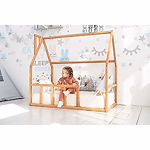 BUSYWOOD House Bed for Kids - Toddler Bed - Platform Bed Frame - Montessori Floor Bed - Full Size Bed - Queen Bedframe, Natural Wood (FLOOR BED FOR SLEEPING ONLY)