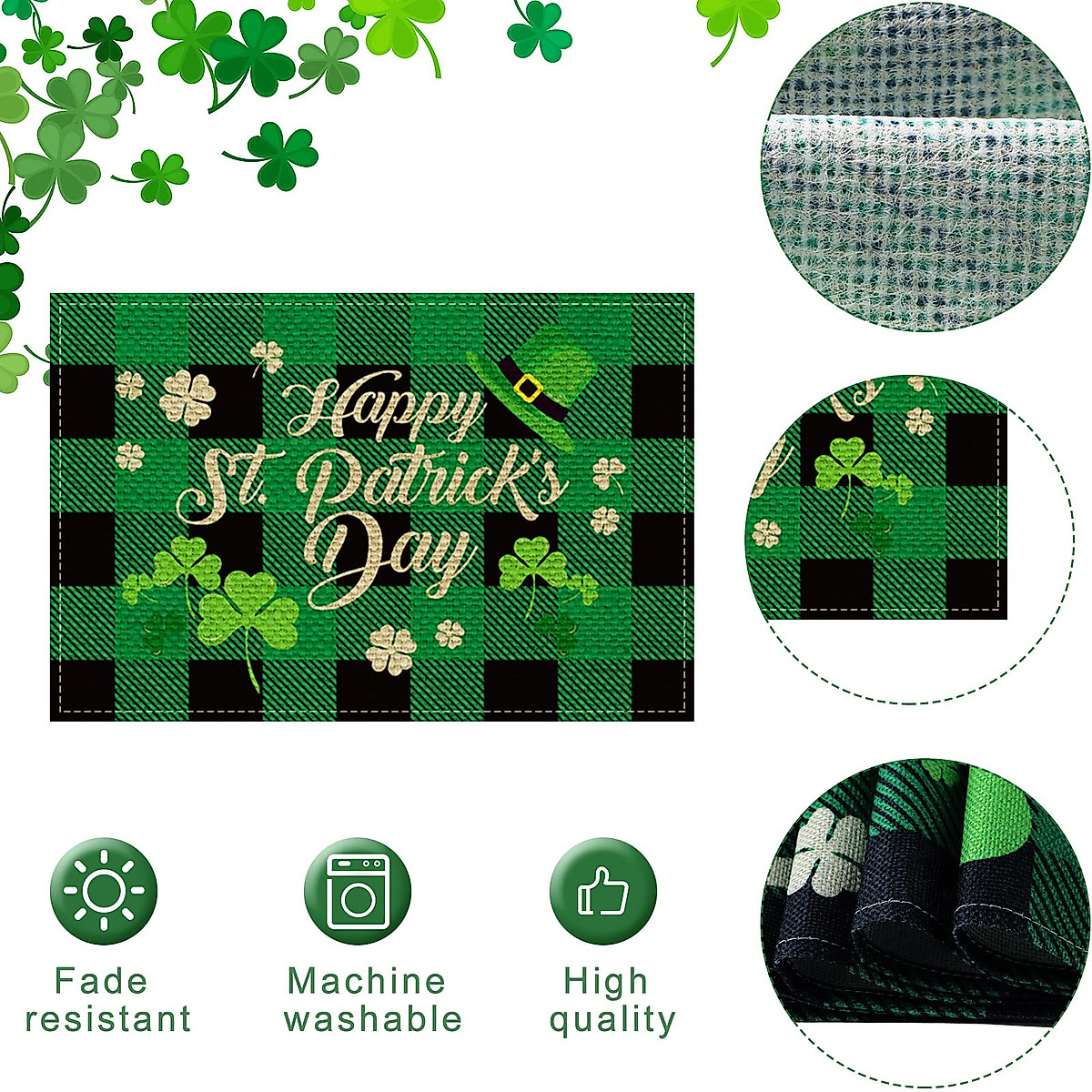 Tatuo 6 Pcs St. Patrick's Day Placemats Buffalo Plaid Placemats Lucky Clover Shamrock Blessed Table Mats Non Slip Heat Resistant Washable Place Mats for Kitchen Dining, 12 x 18 Inch (Stylish Style)