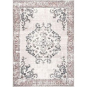 nuLOOM Layna Machine Washable Distressed Vintage Area Rug, 4' x 6', Light Grey