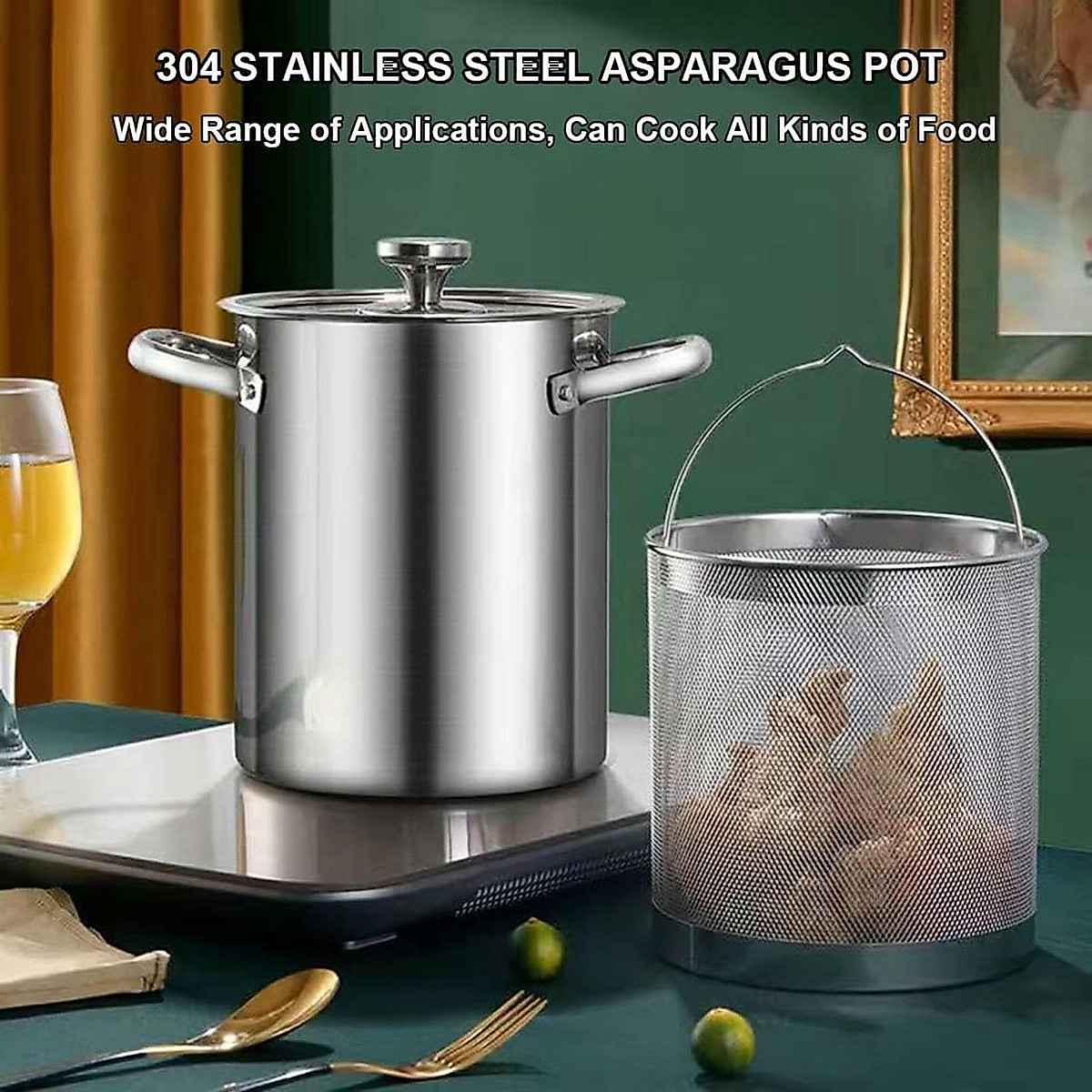 Cooking Pots,Japanese Spaghetti Pot with Basket Insert & Lid, Stainless Steel Vegetable Asparagus Spaghetti Steamer Oil Deep Fry Pan Pasta Stovetop Cooker