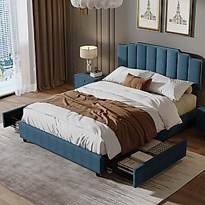 Queen Size Upholstered Platform Bed Frame with 2 Storage Drawers & Adjustable Rivets Headboard, Linen Bed Frame with Extra Dome Bed Canopy for Boys Girls Teens, No Box Spring Needed (Blue)
