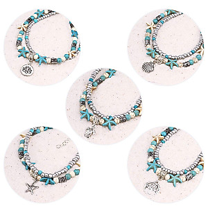 Suyi Sea Turtle Ankle Bracelet Set Multilayer Beach Anklets Handmade Boho Anklets for Women 5pcs