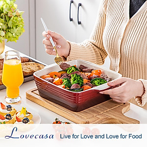 LOVECASA 8x8 inch Baking Pan, 2 Quart Square Cake Pan Baking Dish for Oven, Stoneware Brownie Pan Non-Stick, Casserole Baking Pan with Handle,Ceramic Bread Pans for Baking, Red