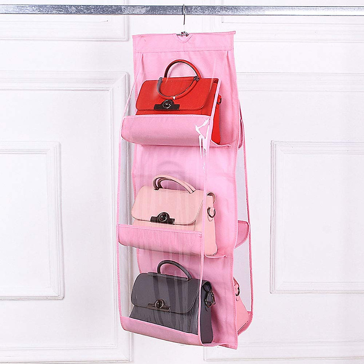 Luck Dawn Hanging Handbag Purse Organizer - Transparent Dust-Proof Wardrobe Closet Storage Bag for Clutch with 6 Larger Pockets (Pink)
