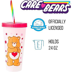 Silver Buffalo Care Bears Hearts and Stars 4 Pack Plastic Color Changing Tumblers with Rainbow Swirl Straws Featuring Tenderheart, Funshine, Cheer, and Grumpy Bear 24 Ounces