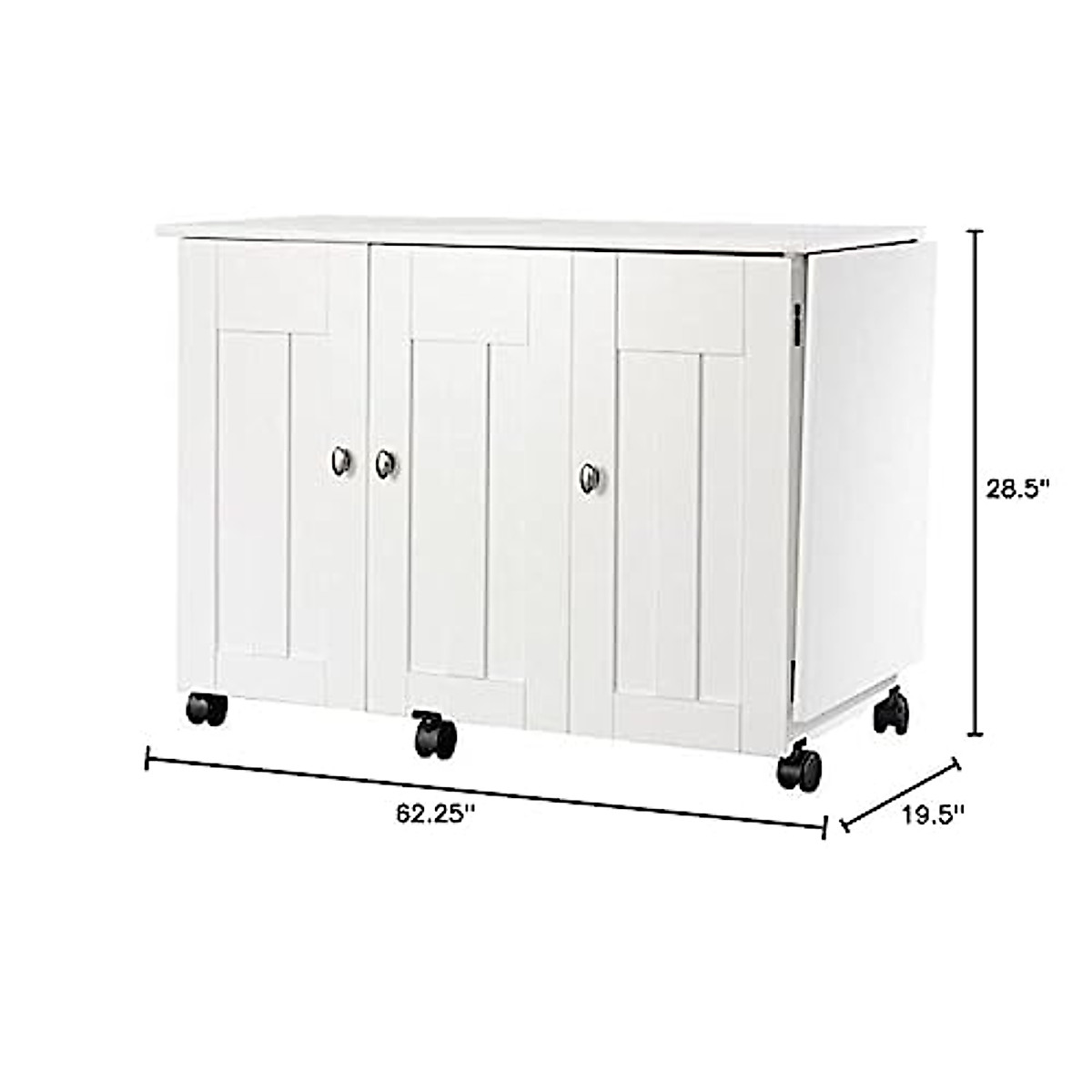 BOWERY HILL Engineered Wood Drop-Leaf Sewing or Craft Table with Melamine Top Surface, Storage Behind Roll-Open Door, Easy-roll Casters in Soft White
